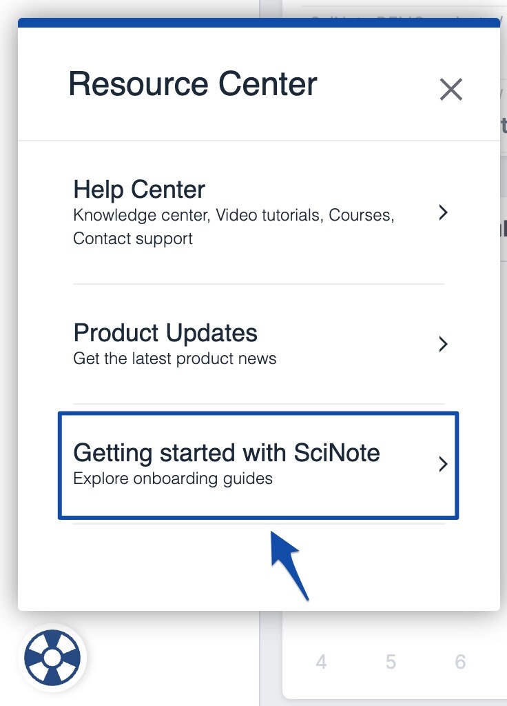 How to access in-app onboarding guides to learn core SciNote features